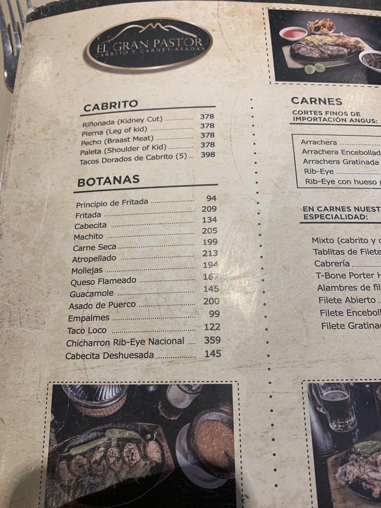 Carta del restaurante El Gran Pastor, Monterrey, Avenida Gonzalitos #702