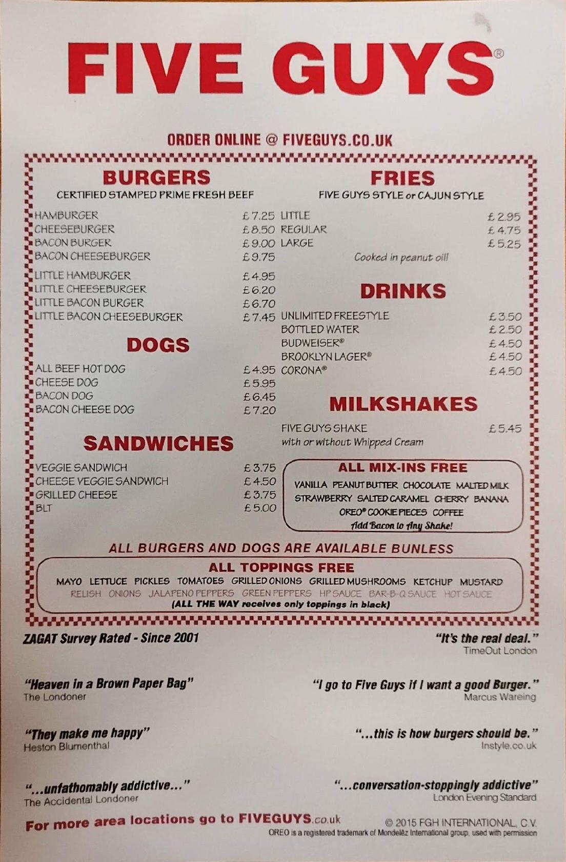 Menu at Five Guys The O2 fast food, London, The O2 Entertainment Centre