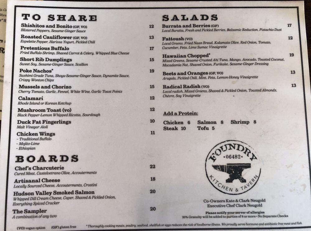 Menu at Foundry Kitchen and Tavern restaurant, Newtown