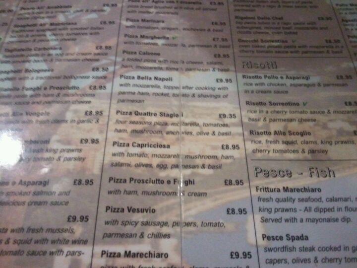Menu at Pinocchio's Restaurant, Canterbury