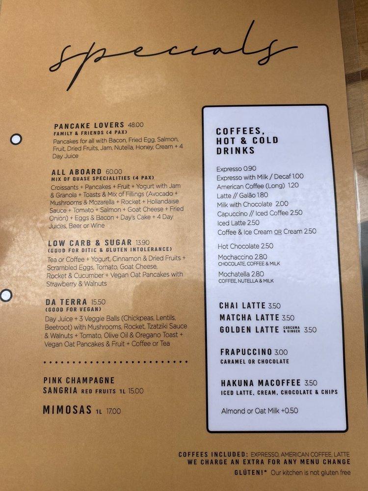 Menu at Quase Café, Lisbon