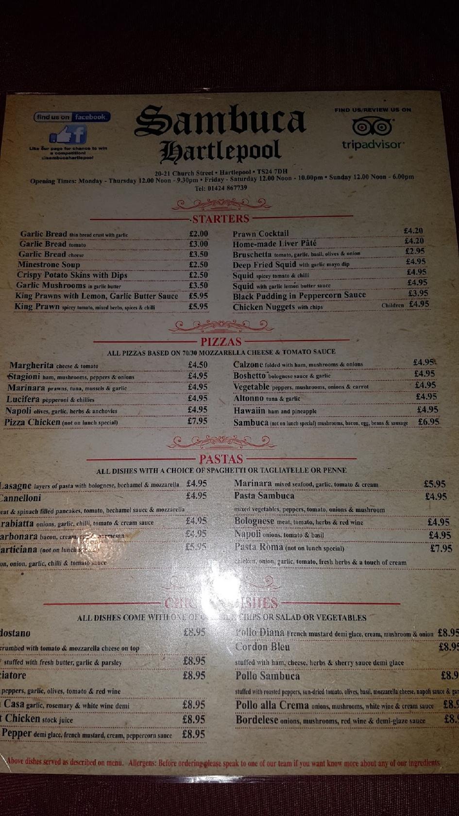 Menu at Sambuca Hartlepool restaurant, Hartlepool