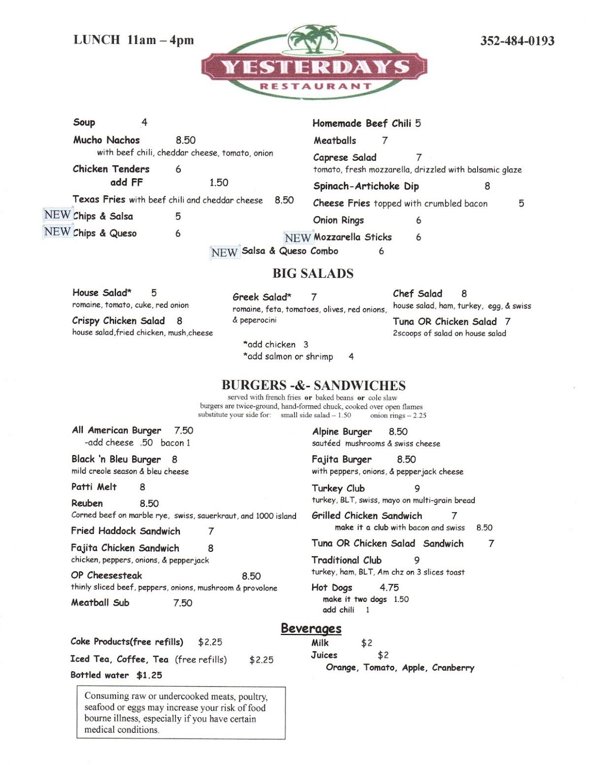 Menu at Yesterdays Restaurant, Ocala, NW 26th St enter from main gate off