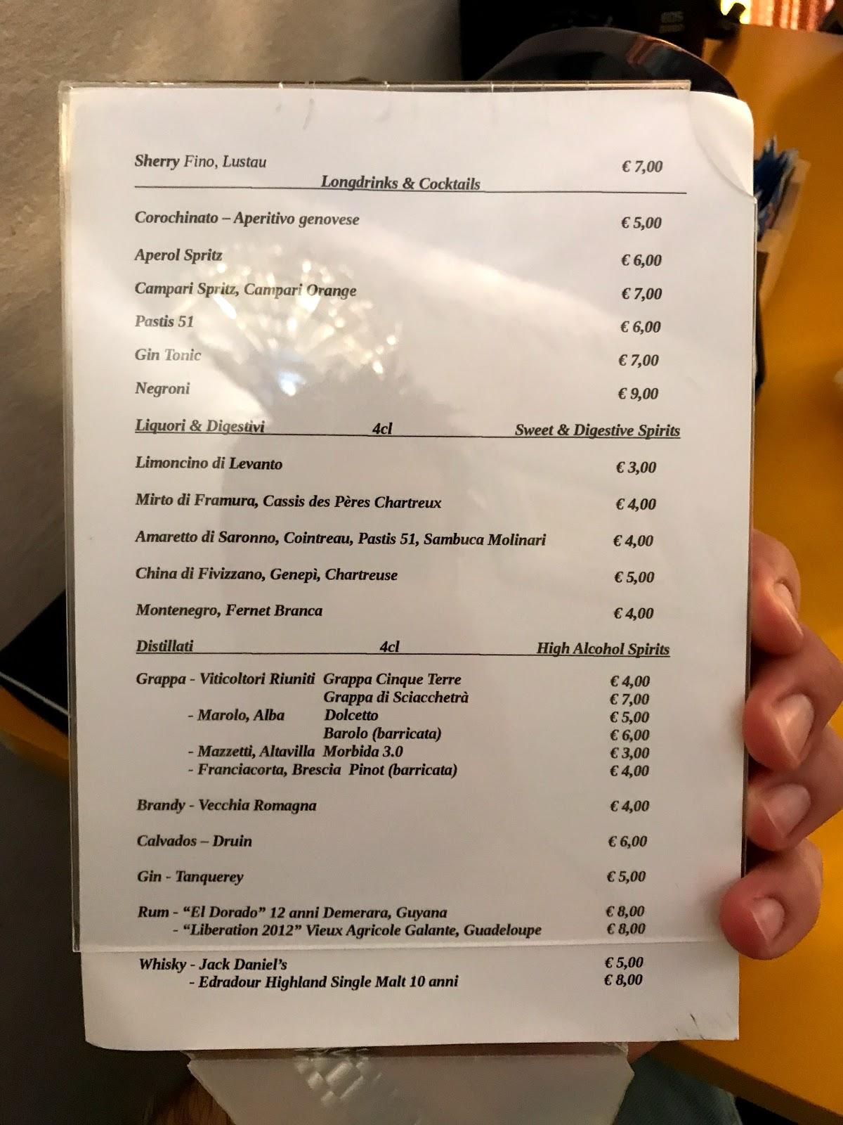Menu at Cappun Magru pub & bar, Manarola, Via Riccobaldi