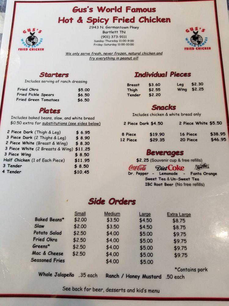 Menu at Gus's World Famous Fried Chicken restaurant, Bartlett, N ...
