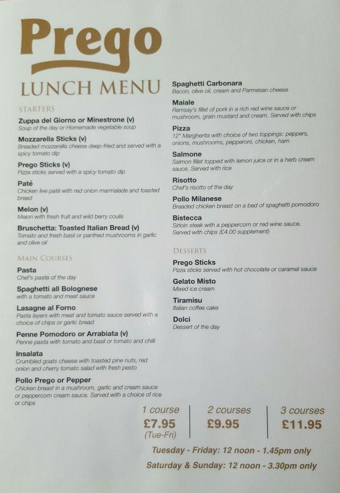 Menu at Prego restaurant, Lanark
