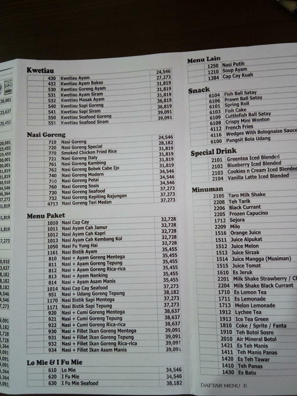 Carta del restaurante Solaria - Plaza Andalas, Padang