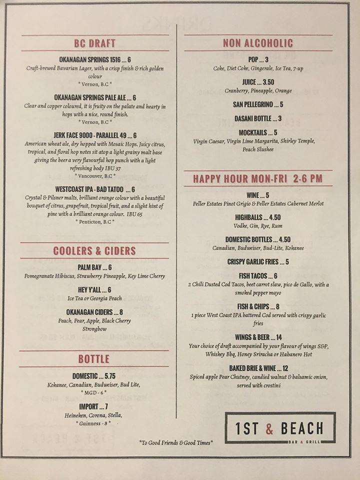 Menu at 1ST & BEACH pub & bar, Peachland
