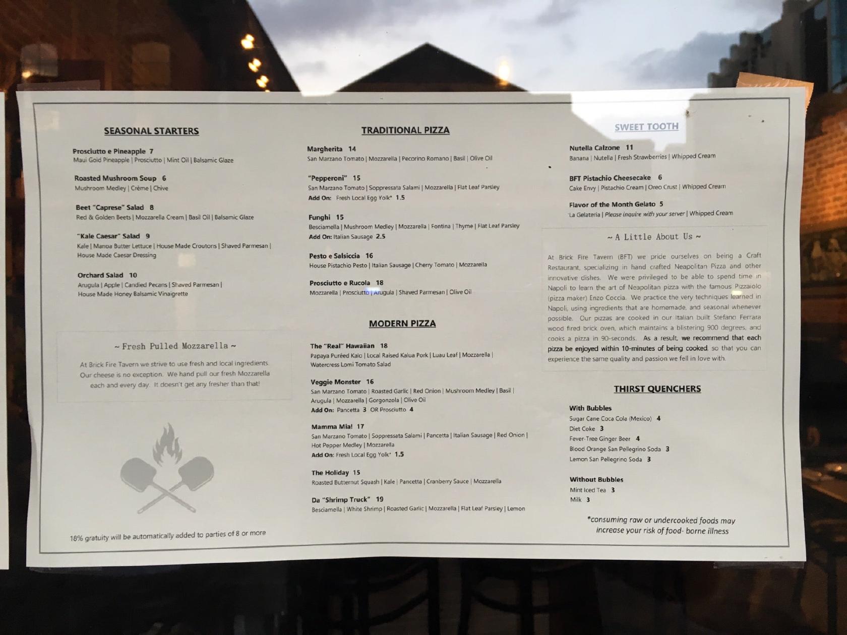 Menu at Brick Fire Tavern pizzeria, Honolulu, 16 N Hotel St