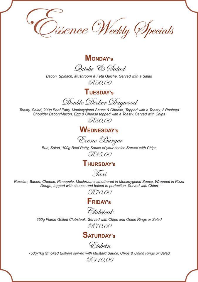 Menu at Essence Restaurant De Aar, De Aar