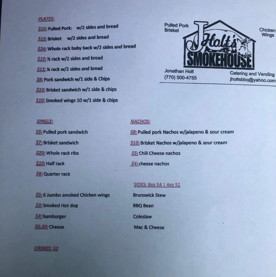 Menu at J.Holt's SmokeHouse Newnan GA restaurant, USA