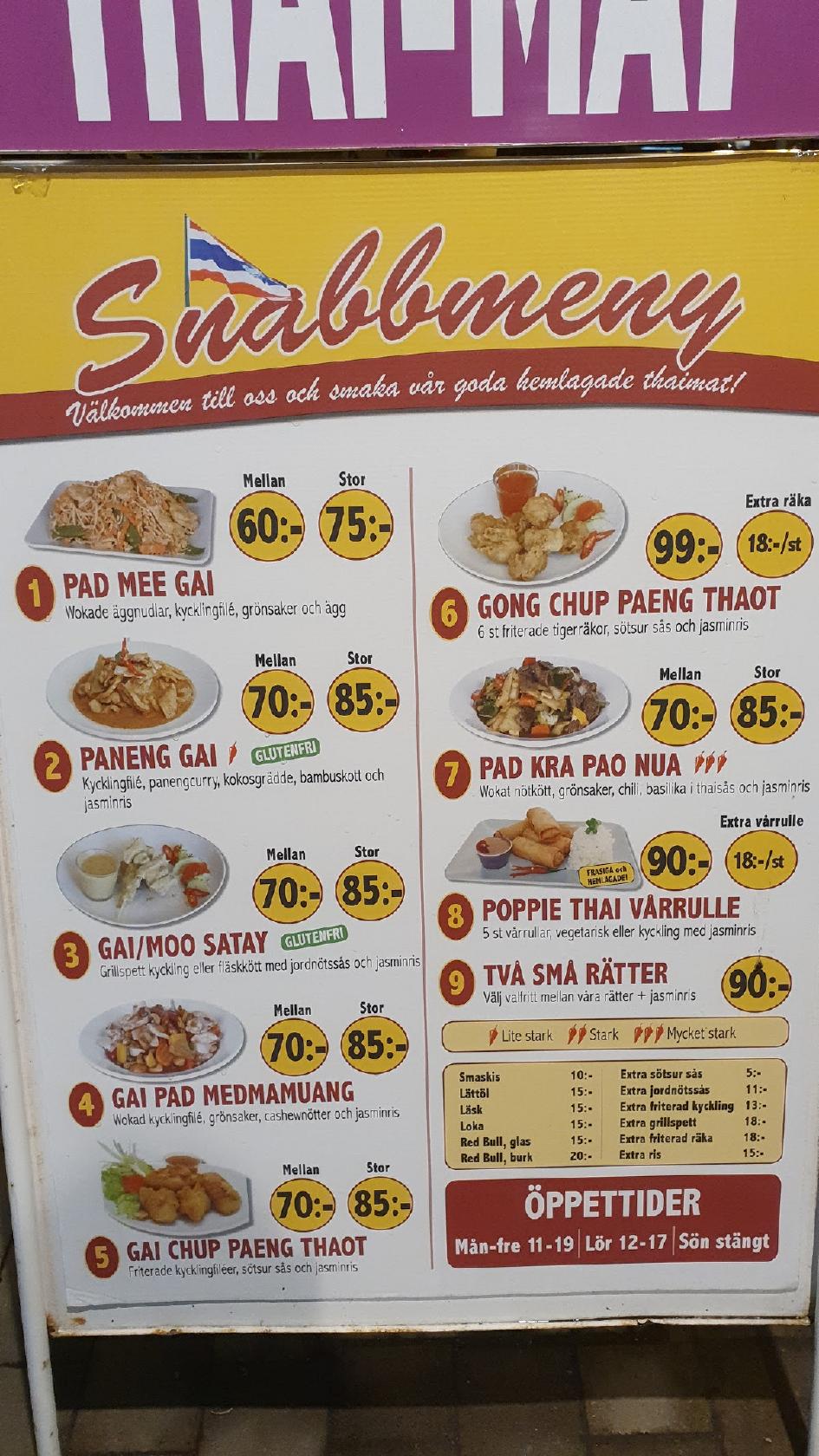 Menu at Kalmar Thai take away restaurant, Kalmar