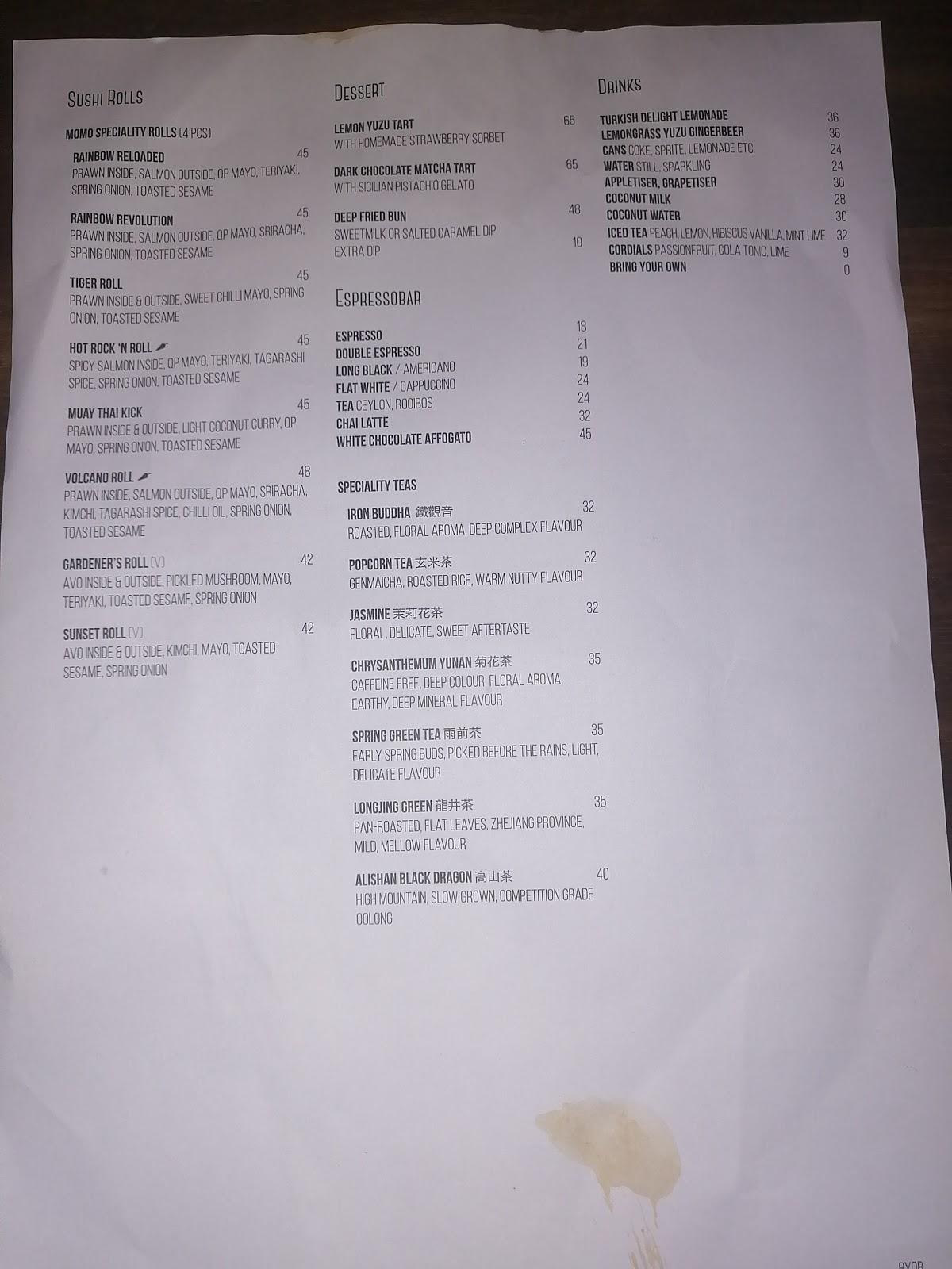 Menu at Momo Baohaus restaurant, Johannesburg