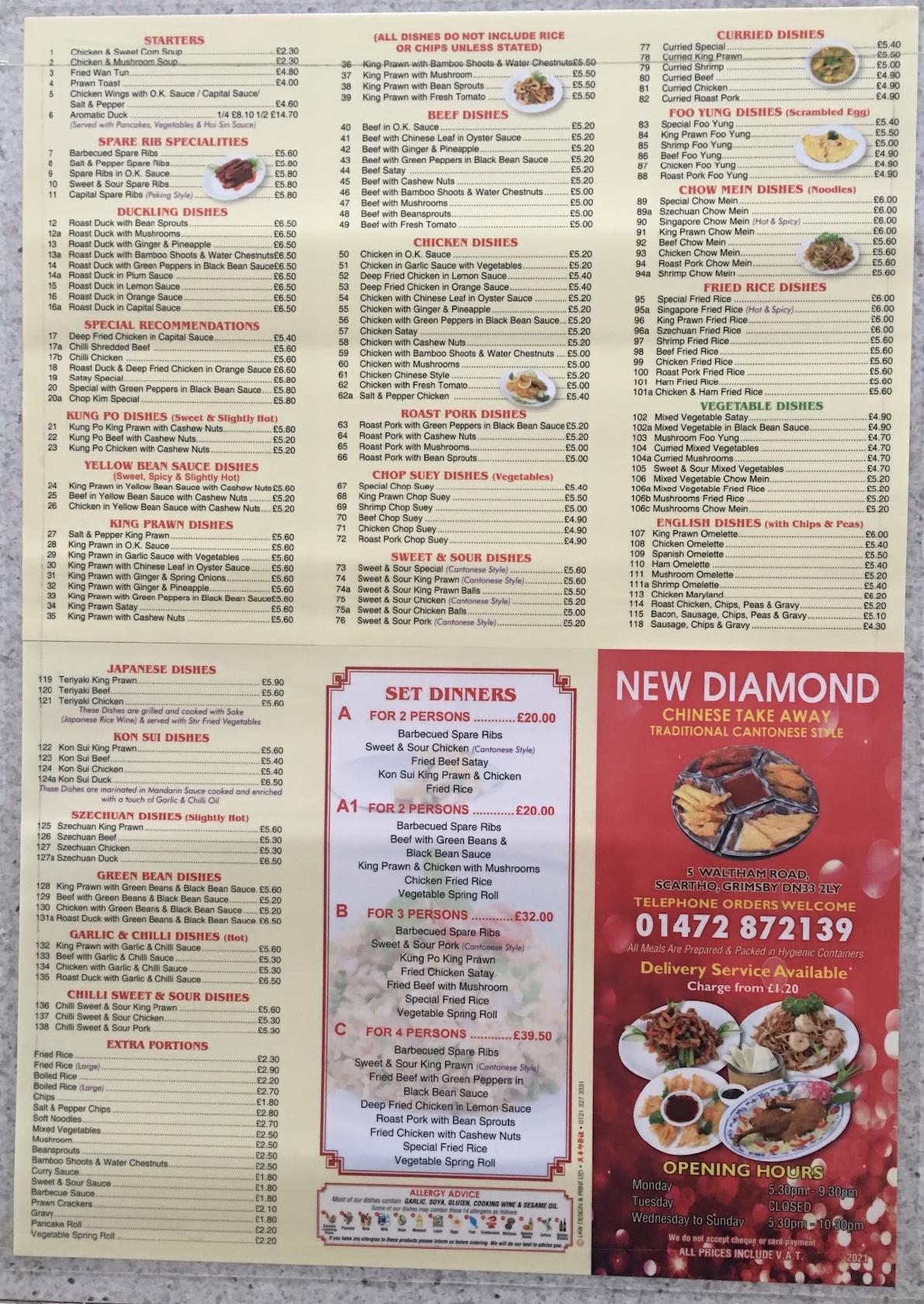 Menu at New Diamond fast food, Grimsby