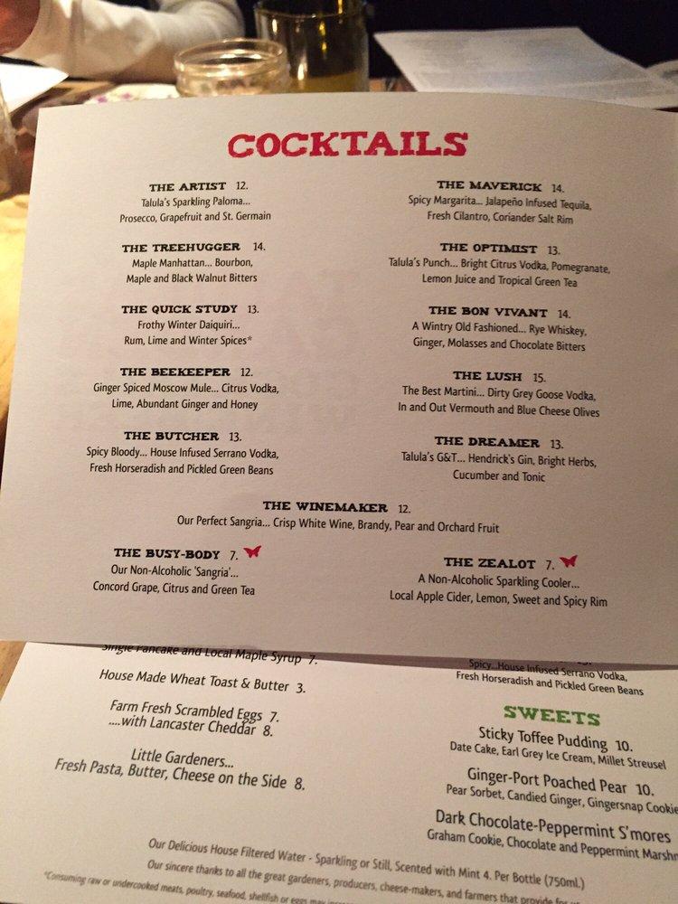 Menu at Talula's Garden restaurant, Philadelphia