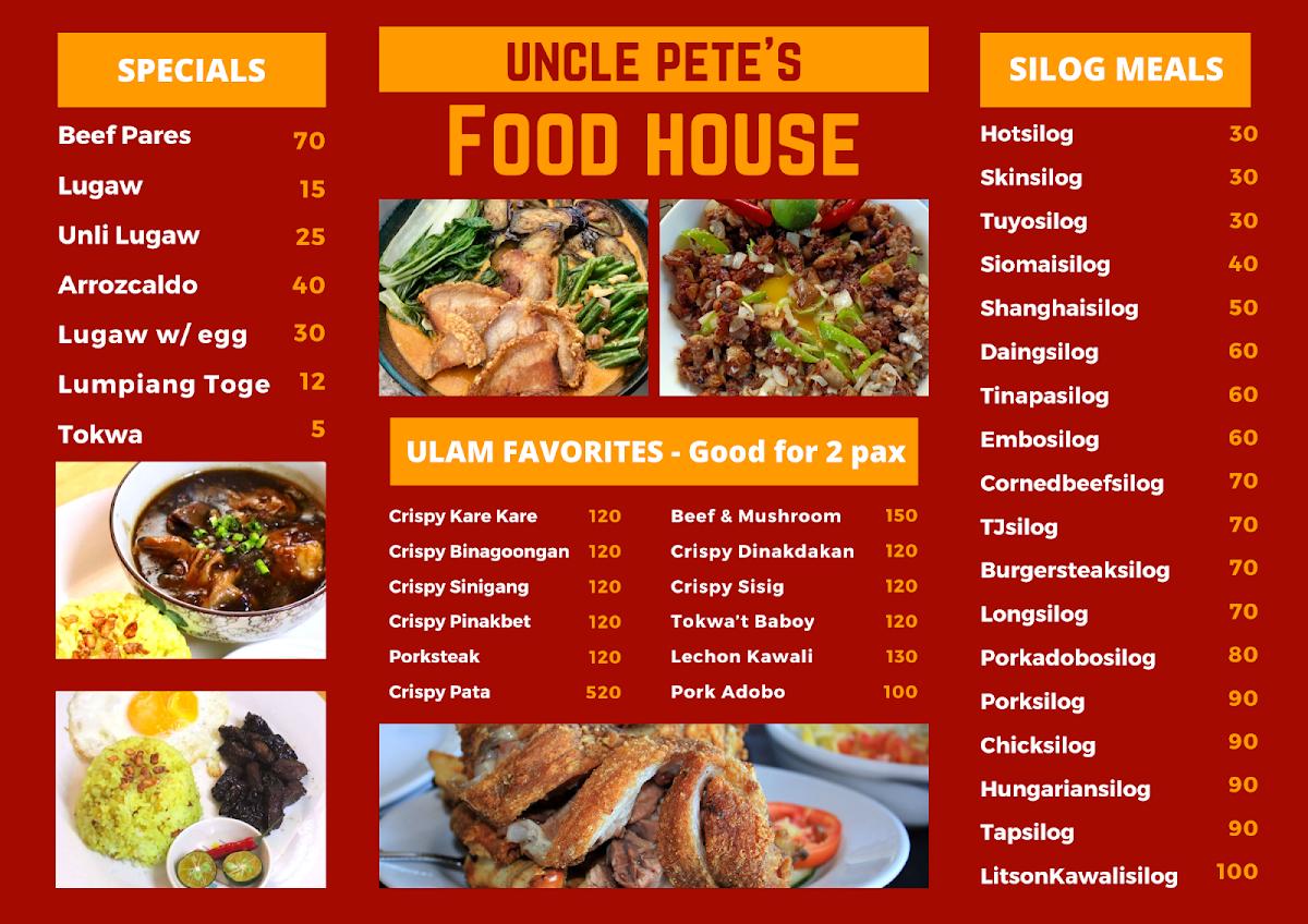 Menu at Uncle Pete's Food House restaurant, Bacoor