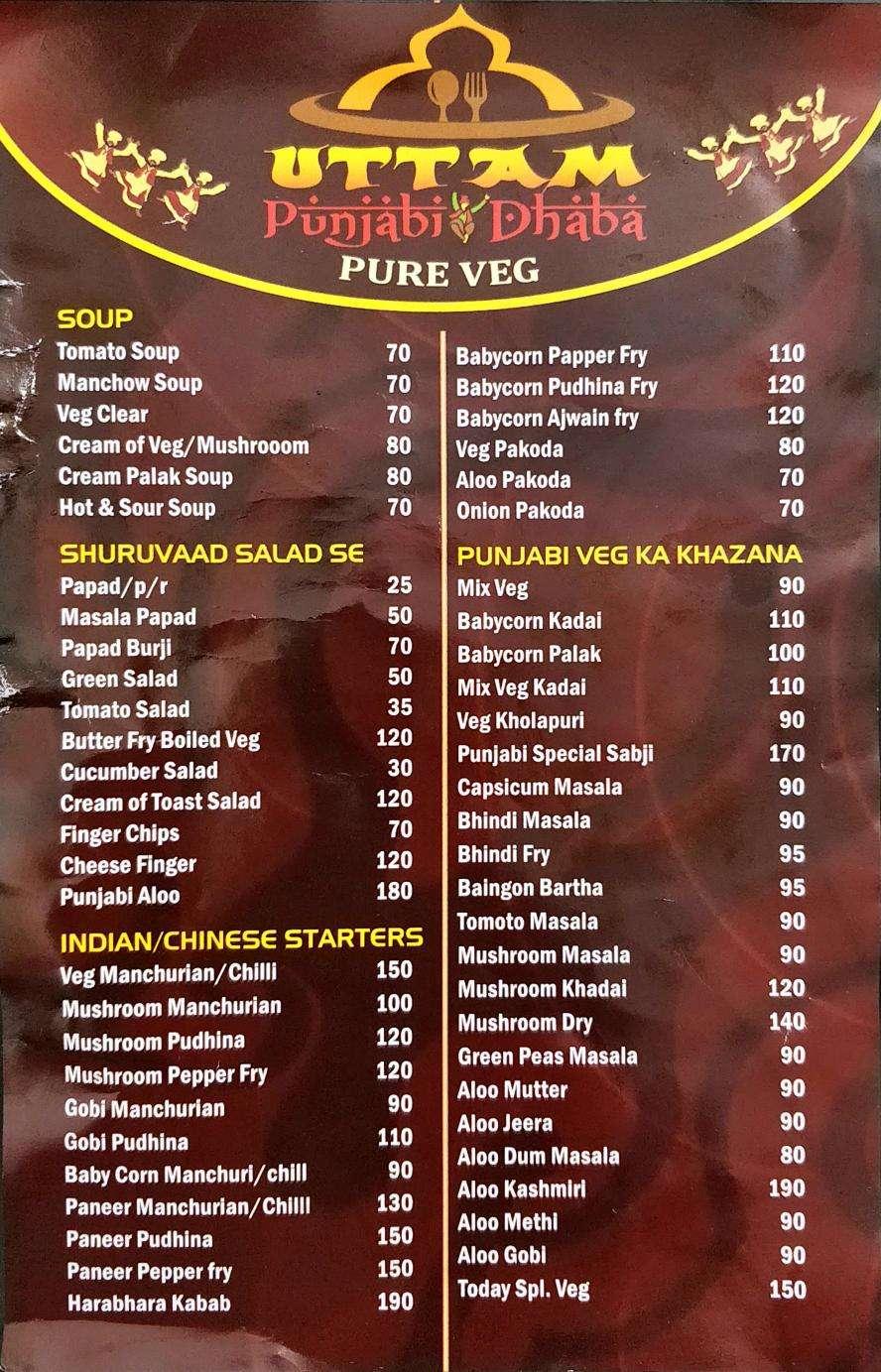 Menu at Uttam Punjabi Dhaba, Mangaluru