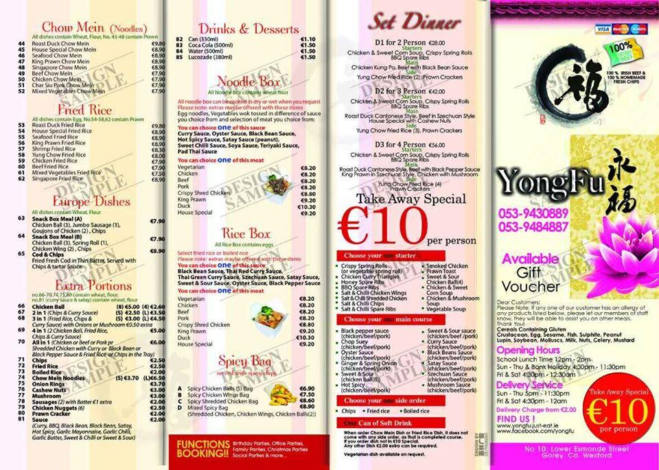 Menu at Yongfu Chinese takeaway Gorey restaurant, Gorey