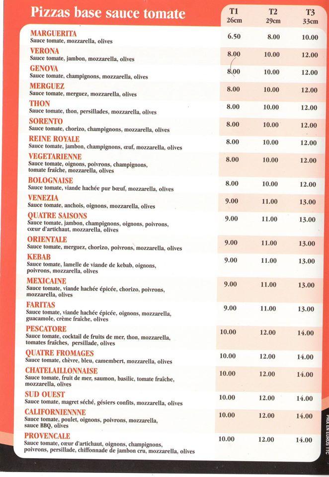 Menu au Pizzeria Chez Pascal, Châtelaillon-Plage, 31 Bd de Lattre de ...