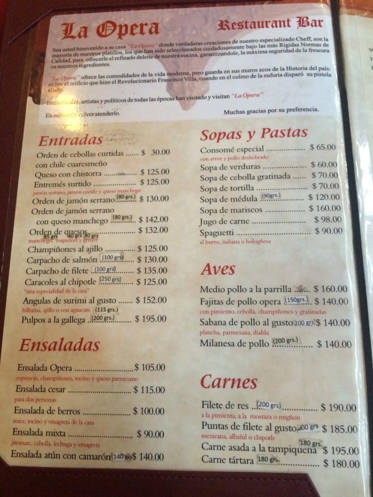 Carta del pub y bar LA OPERA, Ciudad del México, 5 del Mayo 10