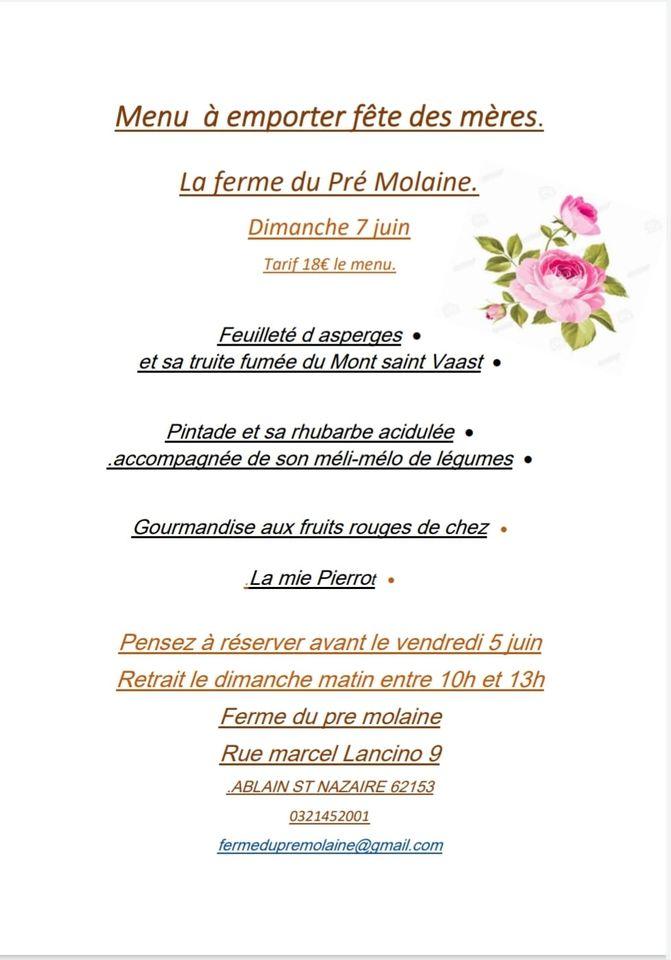 Menu at La Ferme Auberge Du Pré Molaine restaurant, Ablain-Saint ...