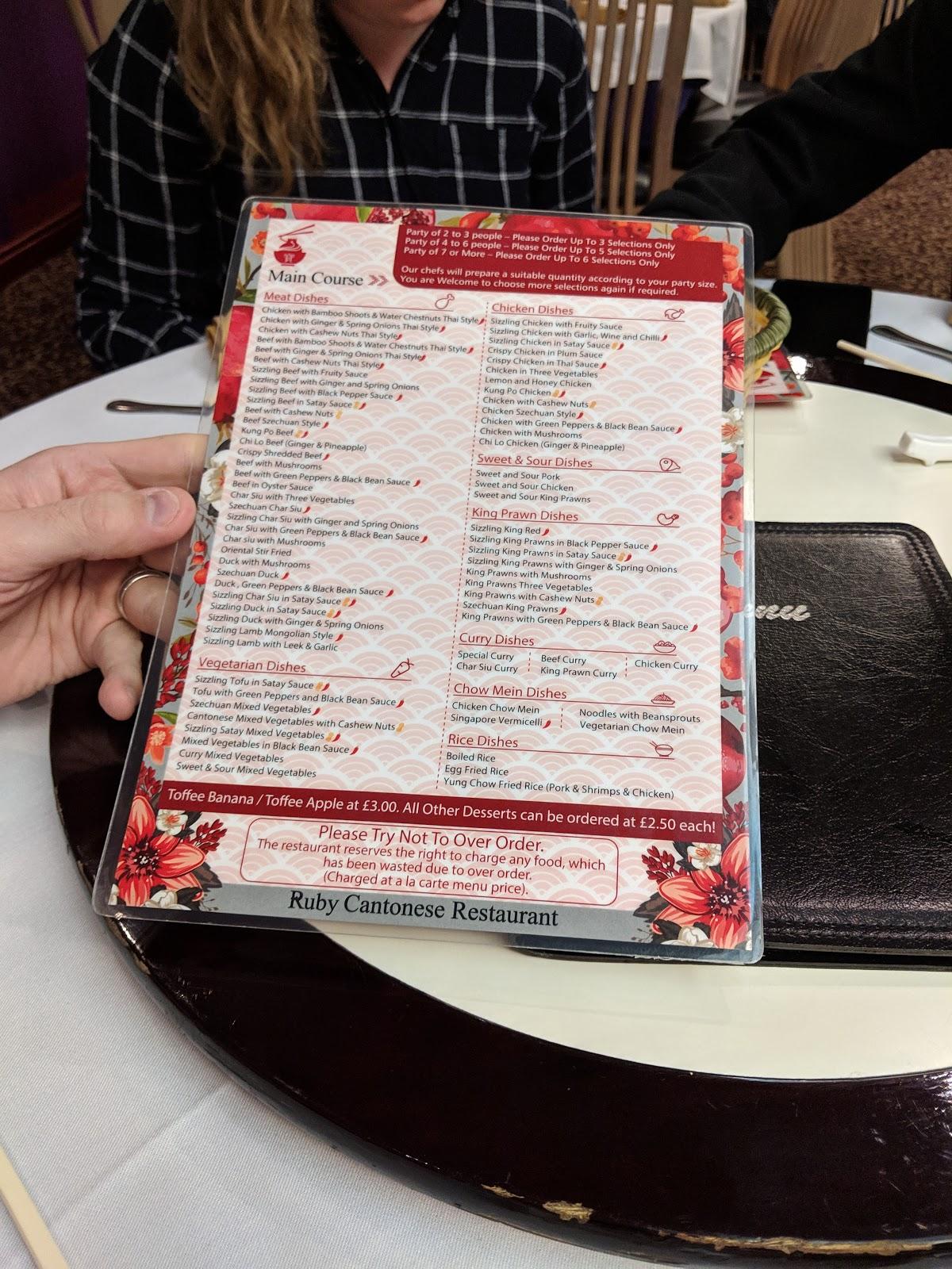 Menu at Ruby restaurant, Royal Leamington Spa