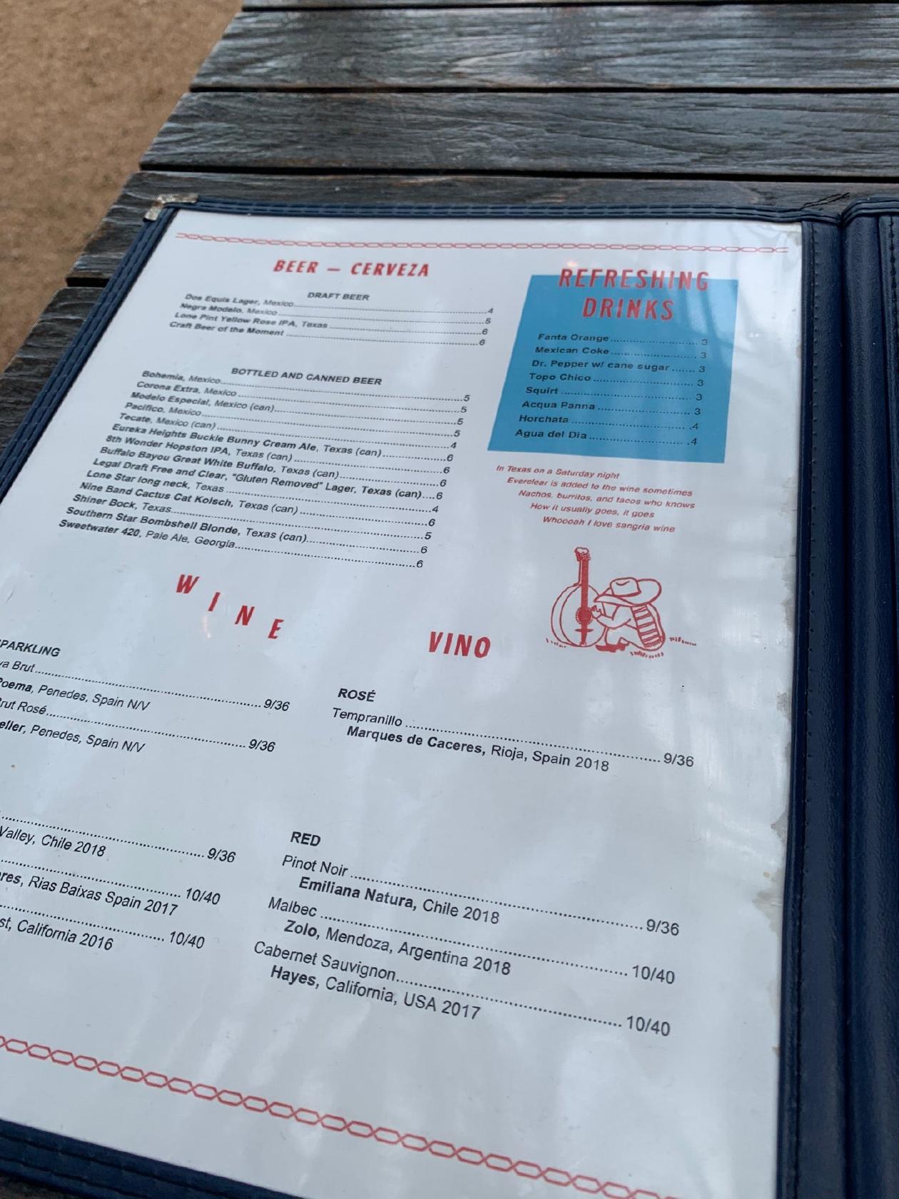 Menu at Superica restaurant, Houston