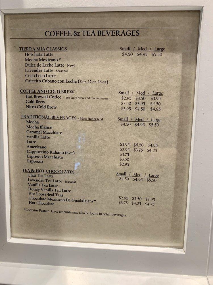 Carta del restaurante Tierra Mia Coffee, Los Angeles, N Eastern Ave