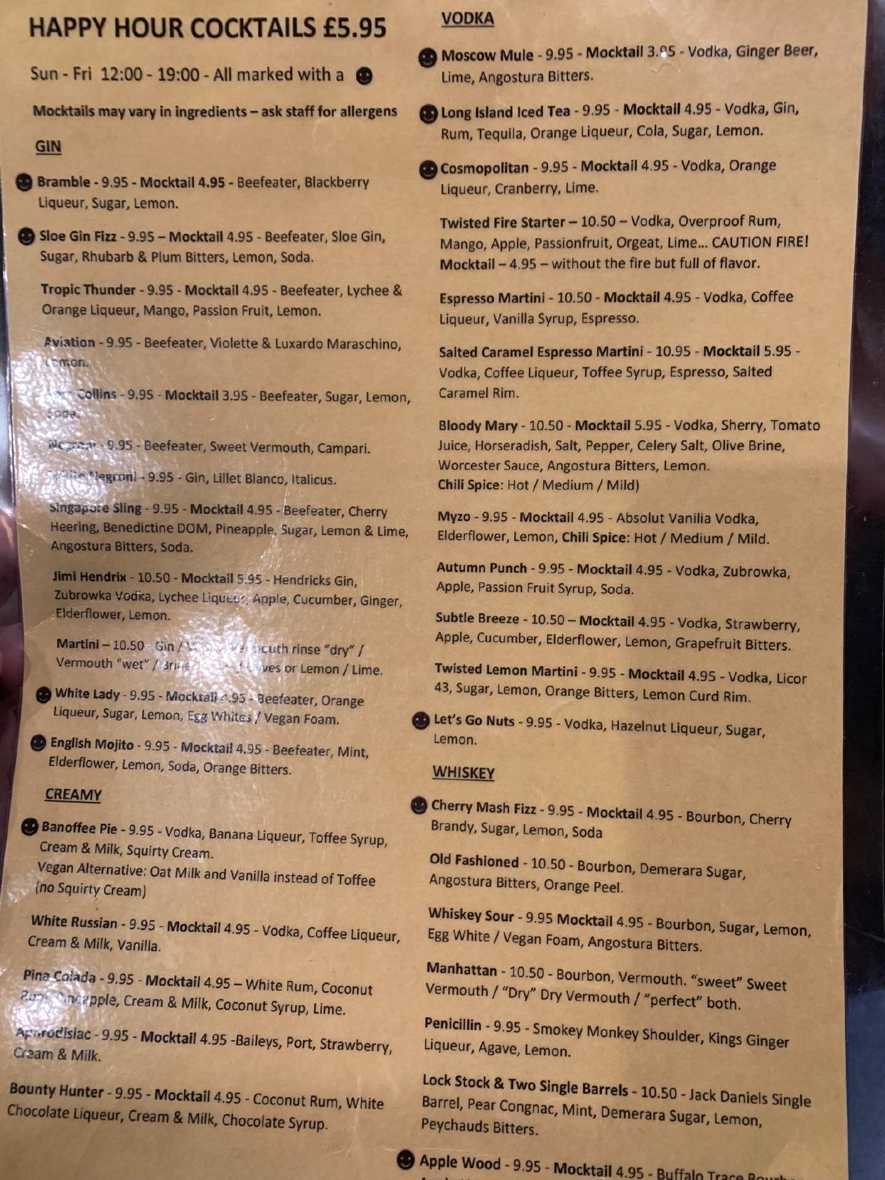 Menu at Twisted Lemon pub & bar, Brighton, 1 Middle Street