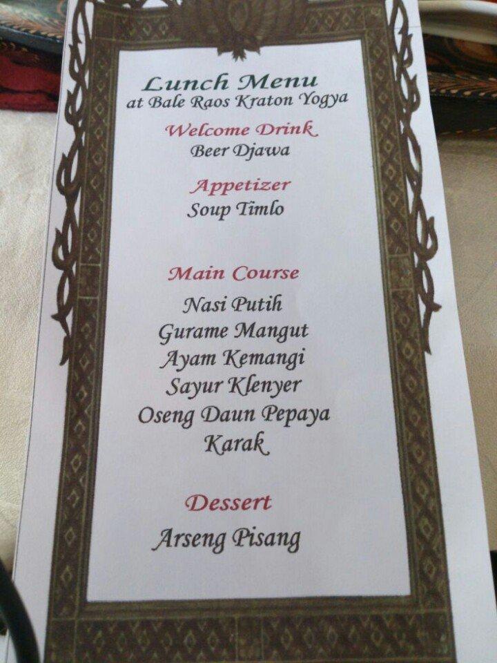 Menu at Bale Raos - The Sultan's Dishes restaurant, Yogyakarta, Jl ...