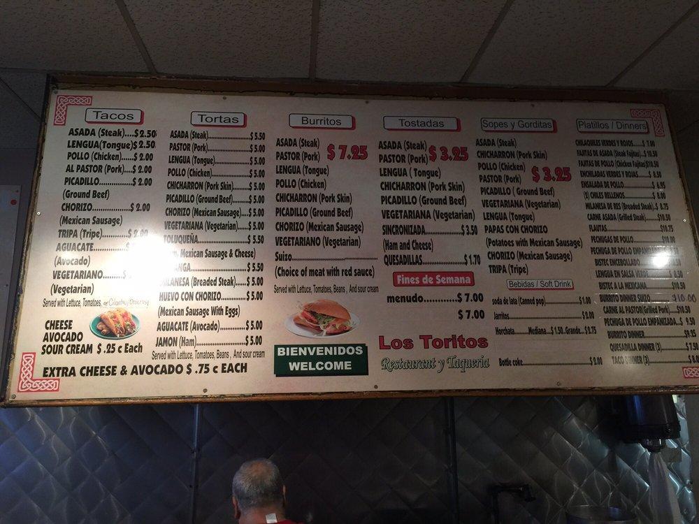 Menu at Los Toritos restaurant, Chicago