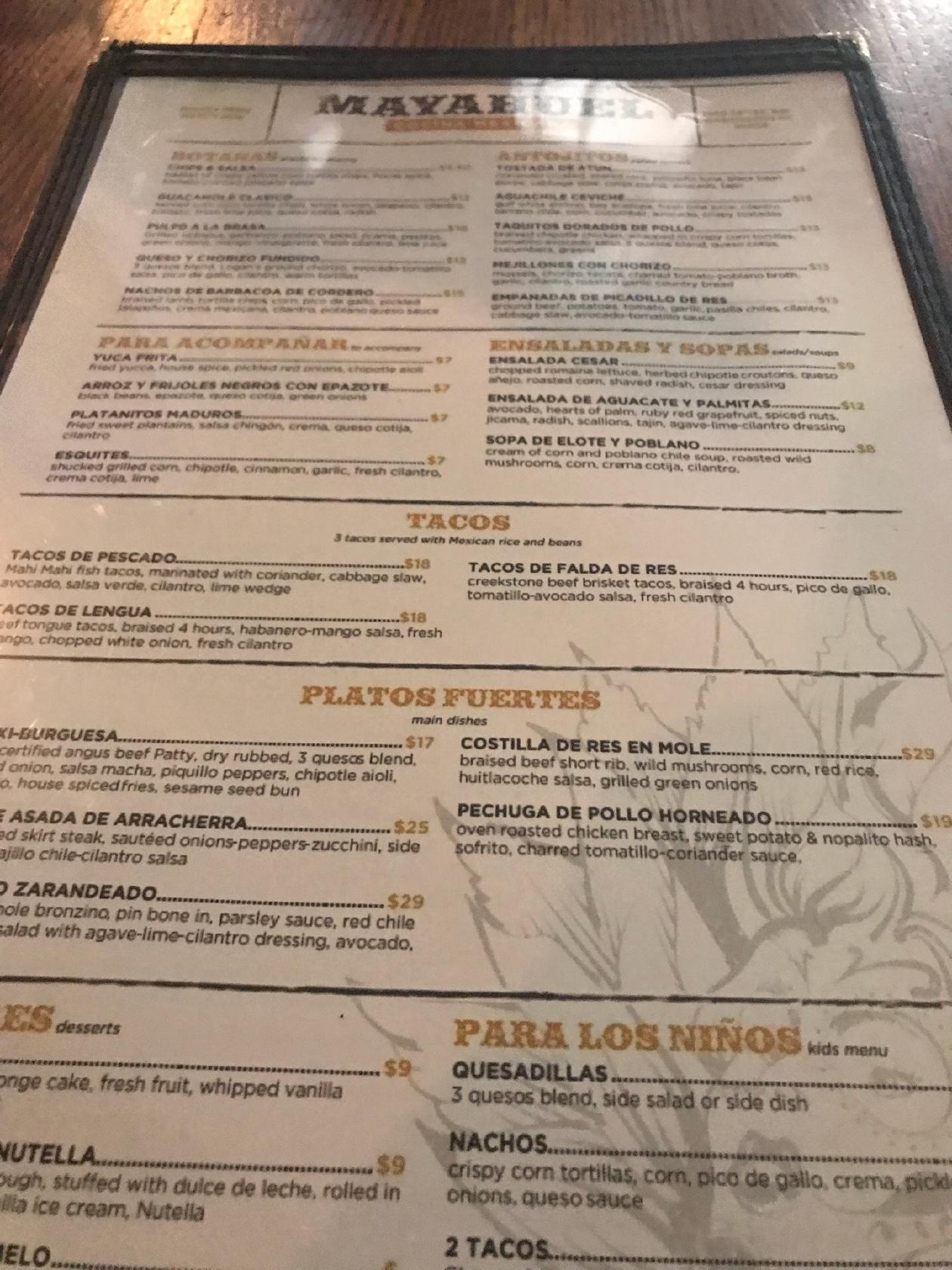 Menu at Mayahuel Cocina Mexicana pub & bar, Washington