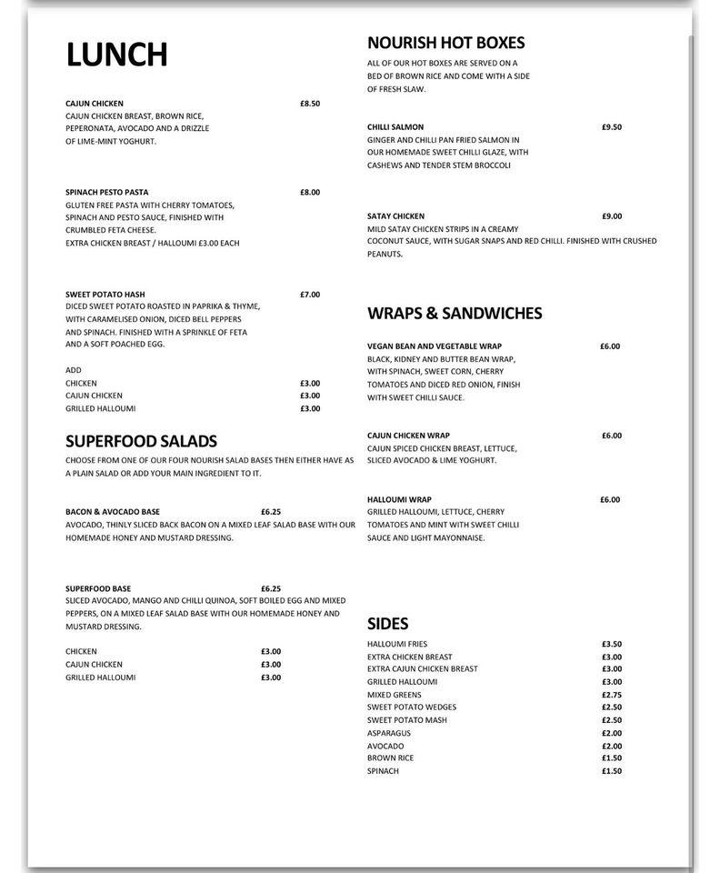 Menu at Nourish cafe, Wilmslow