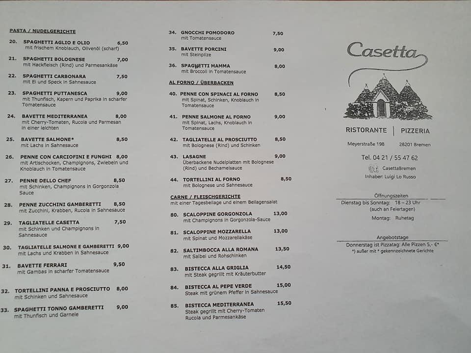 Speisekarte von Pizzeria Casetta, Bremen