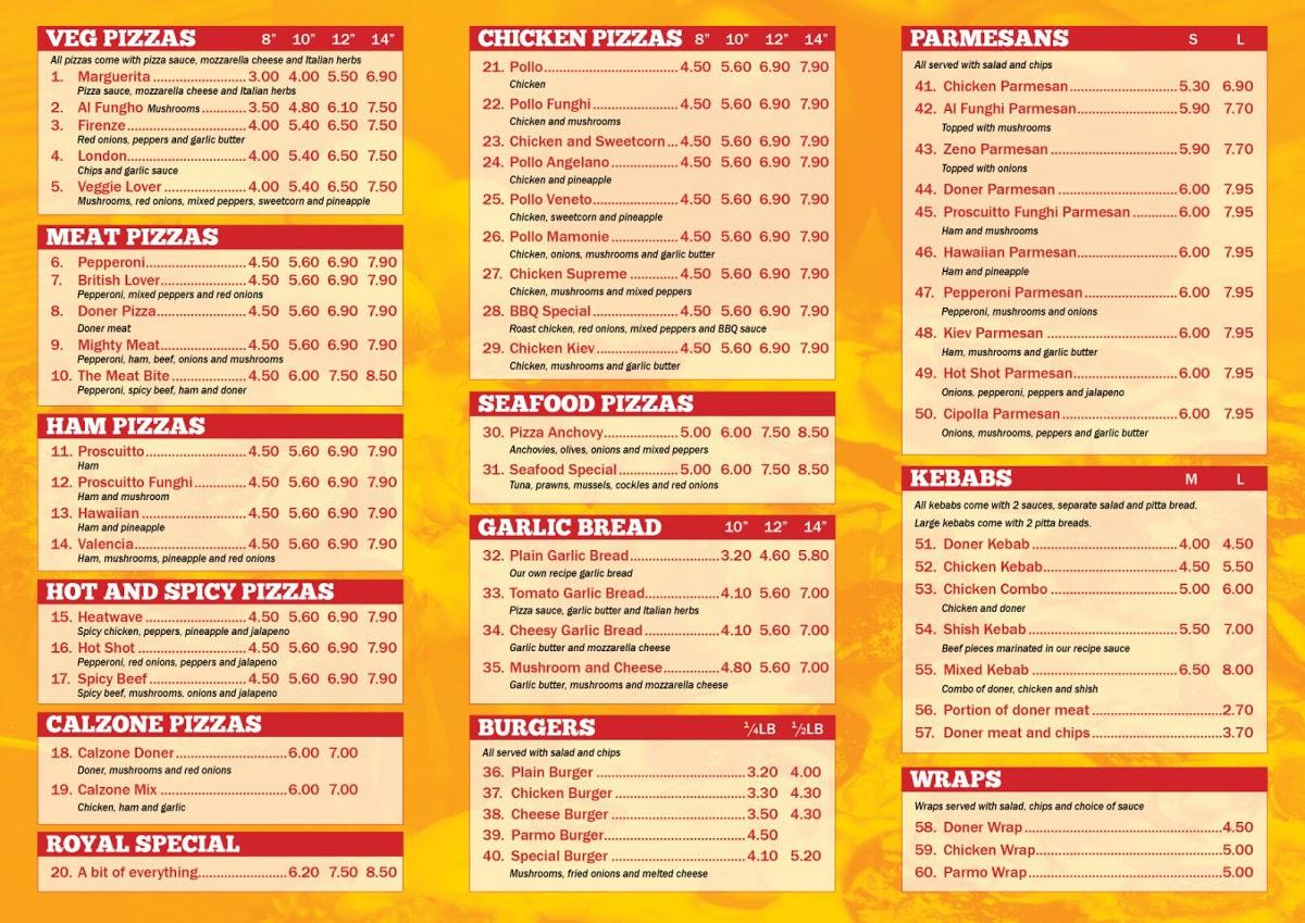 Menu at Royal Pizza Saltburn pizzeria, Saltburn-by-the-Sea