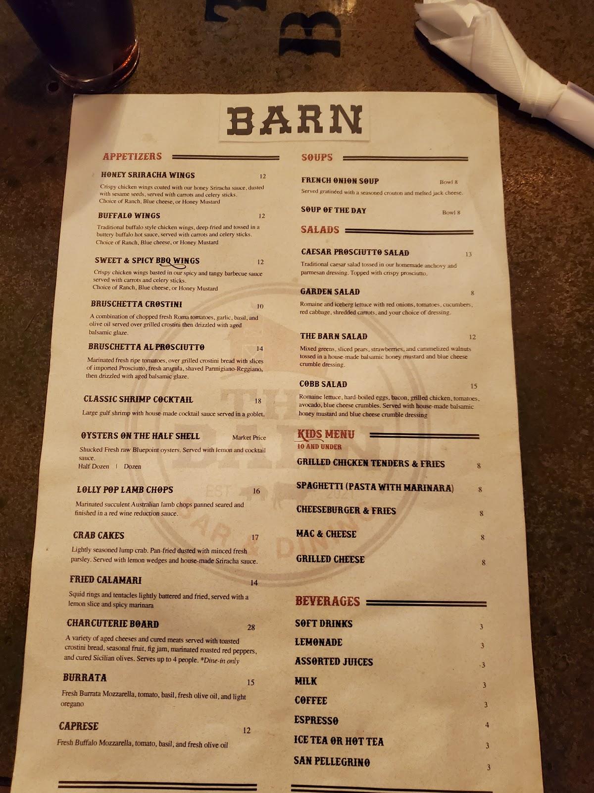 Menu at The Barn - Bar and Dining, Ramona