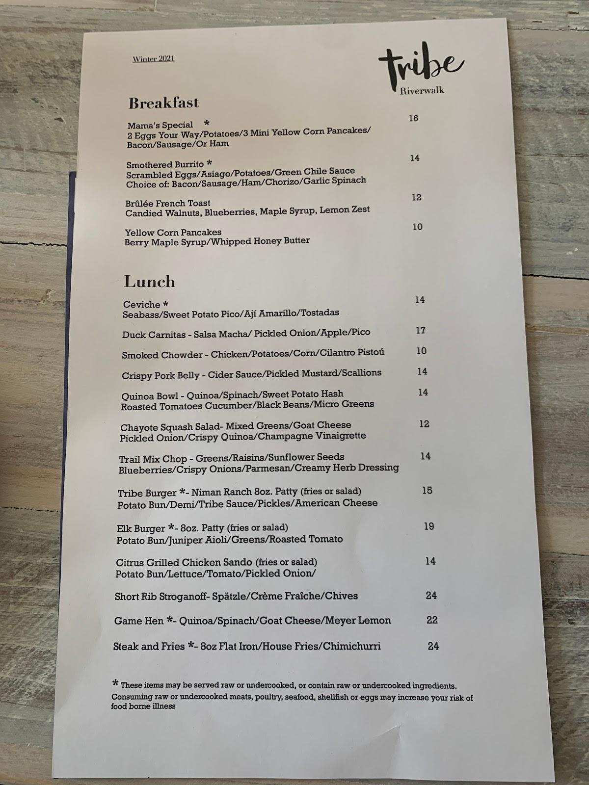 Menu at Tribe at Riverwalk pub & bar, Castle Rock