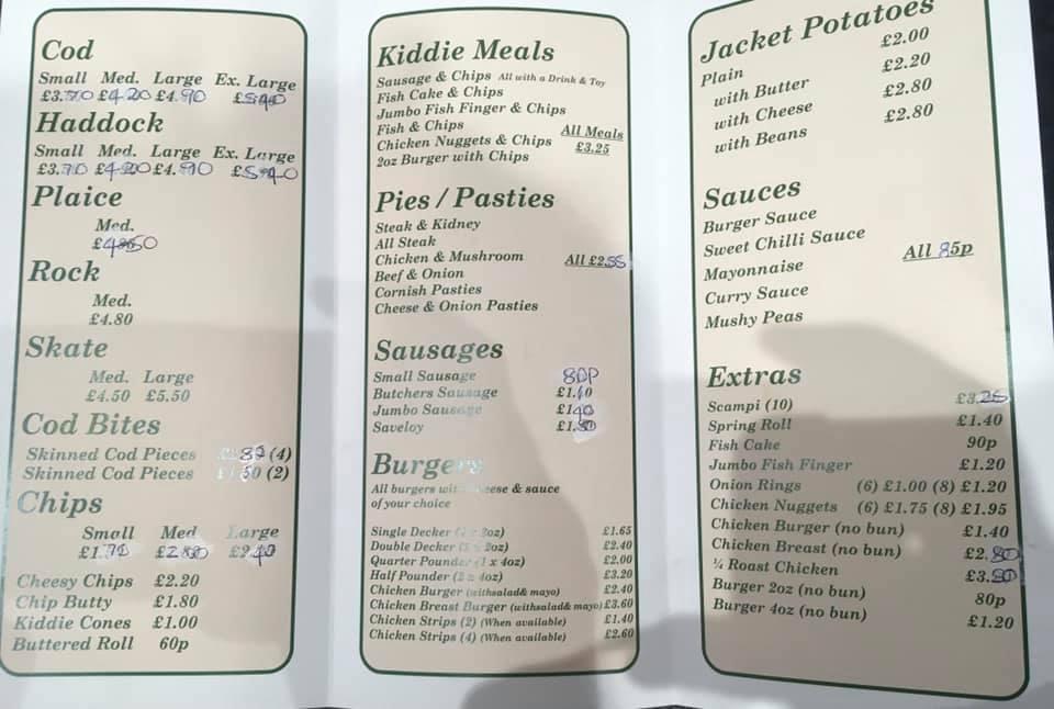 Menu at The Village Fryer fast food, Lowestoft