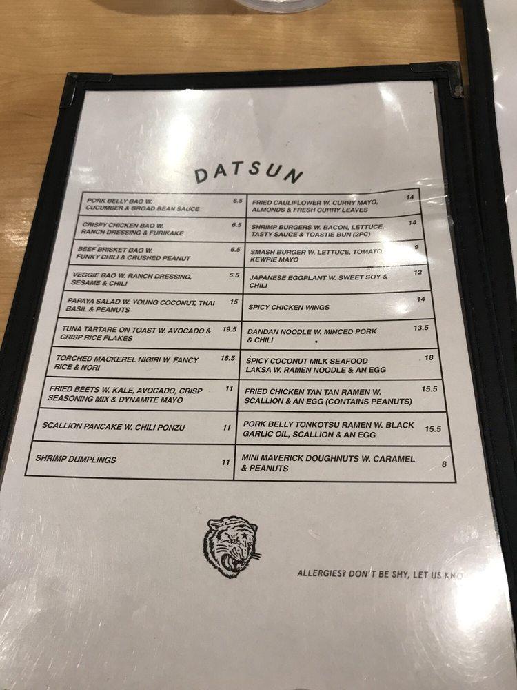 Menu at Datsun restaurant, Ottawa
