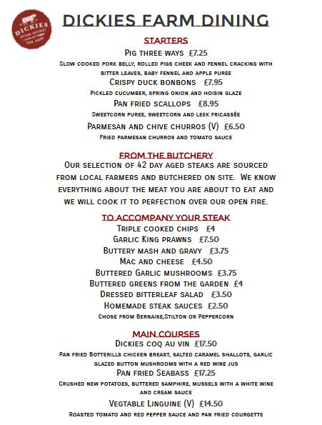 Menu at Dickies Farm Dining restaurant, Redmile