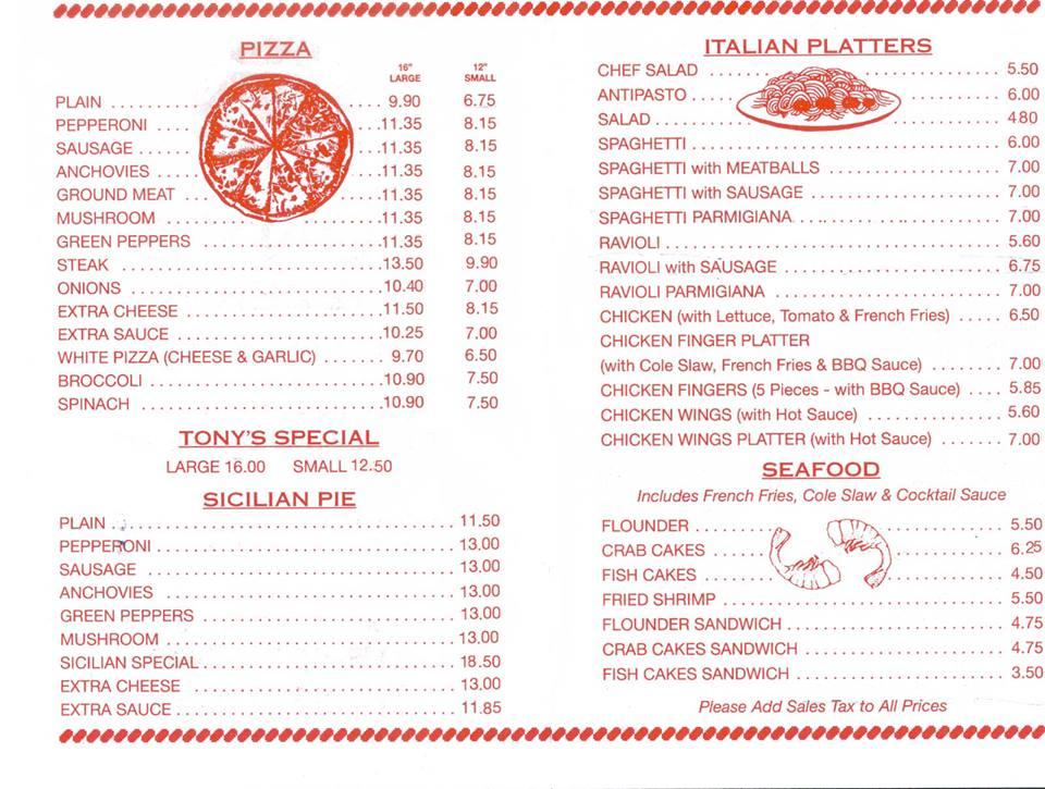 Menu at Tony's Pizzeria, Philadelphia