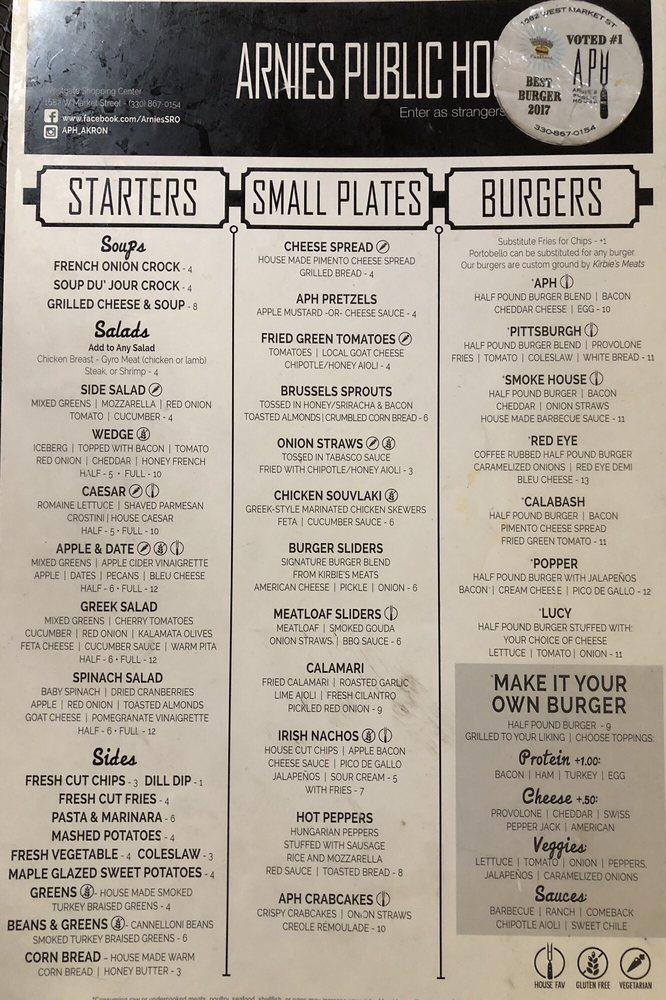 Menu at Arnie’s Public House, Akron