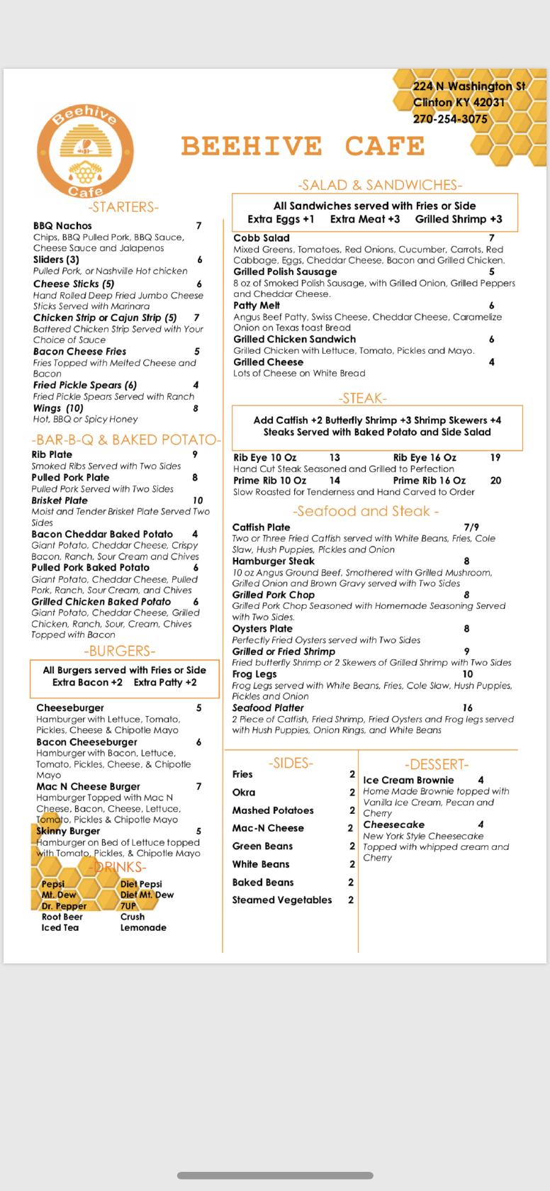 Menu at Beehive Cafe, Clinton