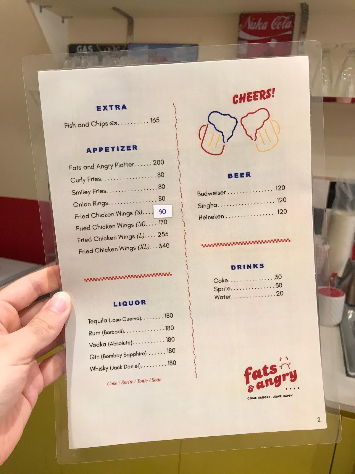 Menu at Fats and Angry restaurant, Bangkok