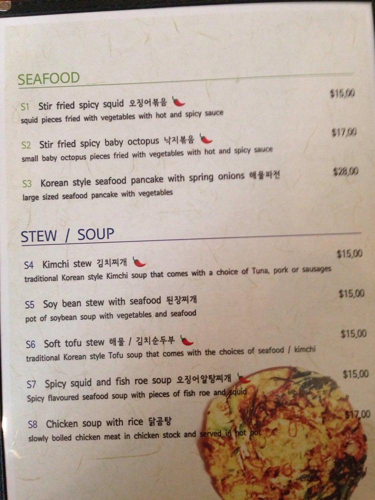 Menu at Little Korea restaurant, Hamilton