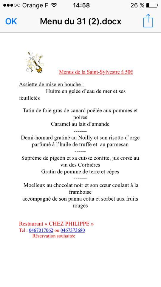 Menu au Chez Philippe restaurant, Marseillan, 20 Rue Suffren