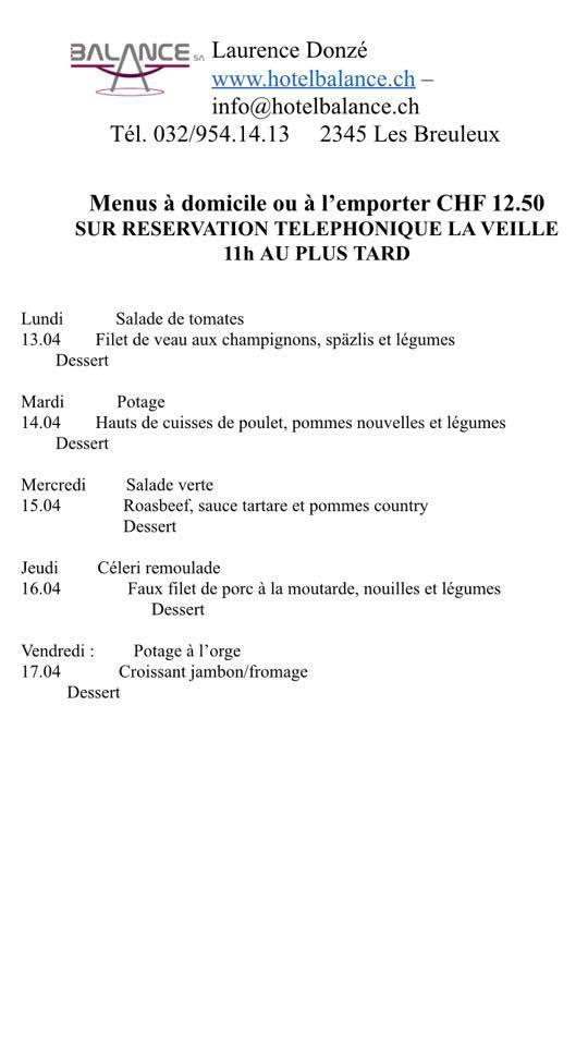 Menu at Restaurant de la Balance, Les Breuleux
