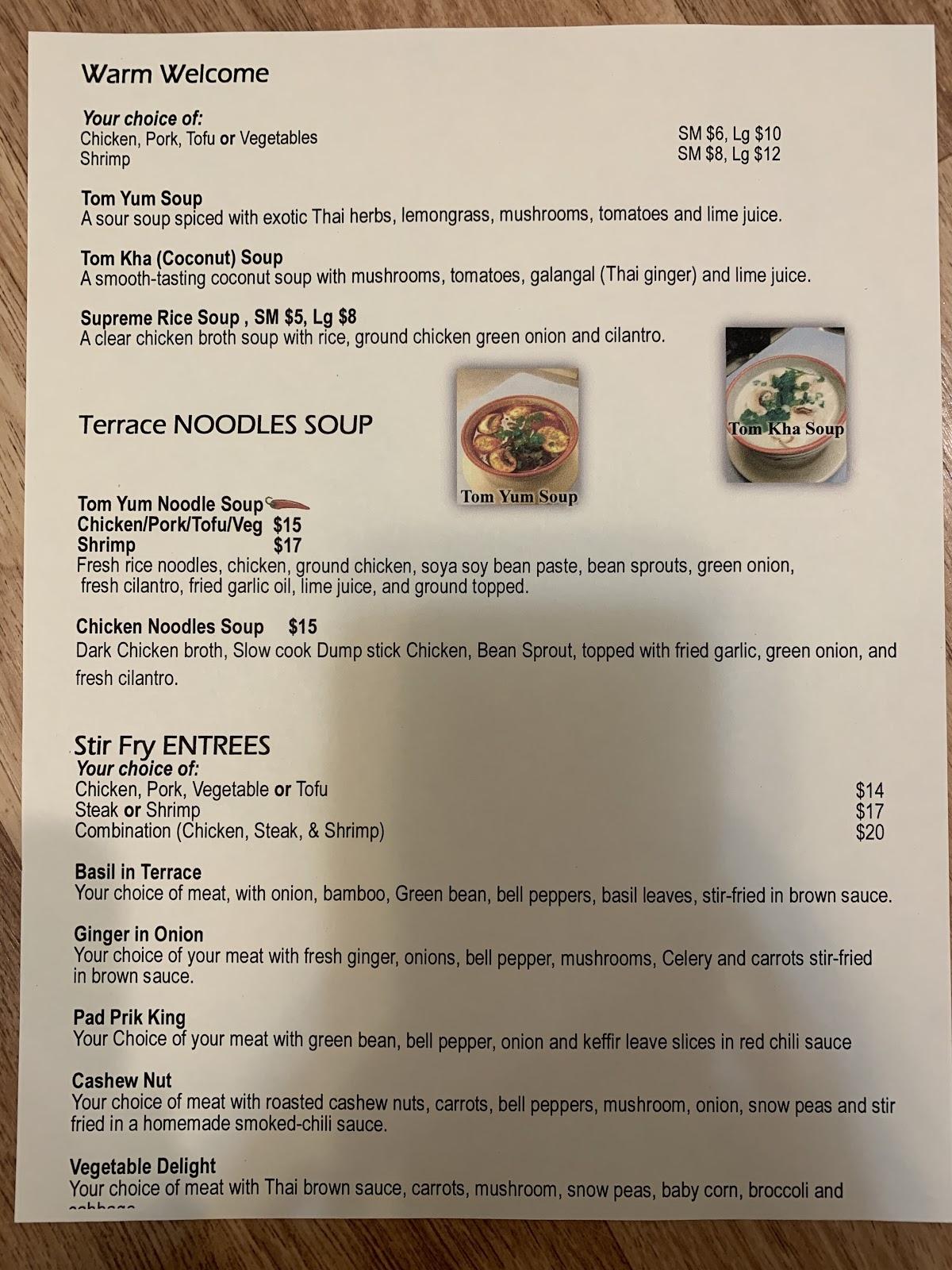 Menu at Thai Terrace restaurant, Mason
