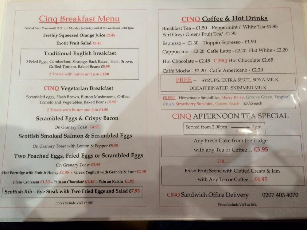 Menu at Cinq Restaurants, London, 16-17 Hay's Ln