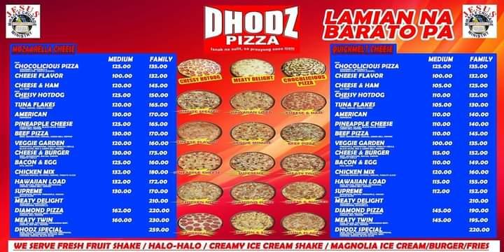 Menu at Dhodz pizza restaurant, Nabunturan